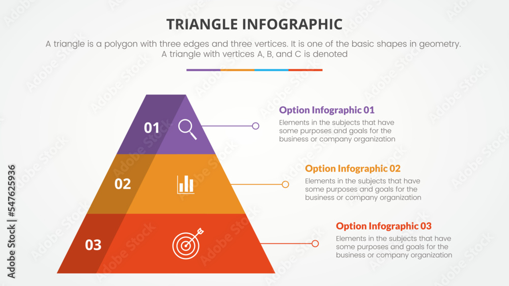 infographic triangle concept for slide presentation with 3 point list with flat pyramid style ...