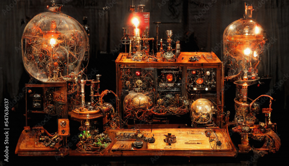 Retro-futuristic steampunk fantasy: electronic laboratory with spark ...