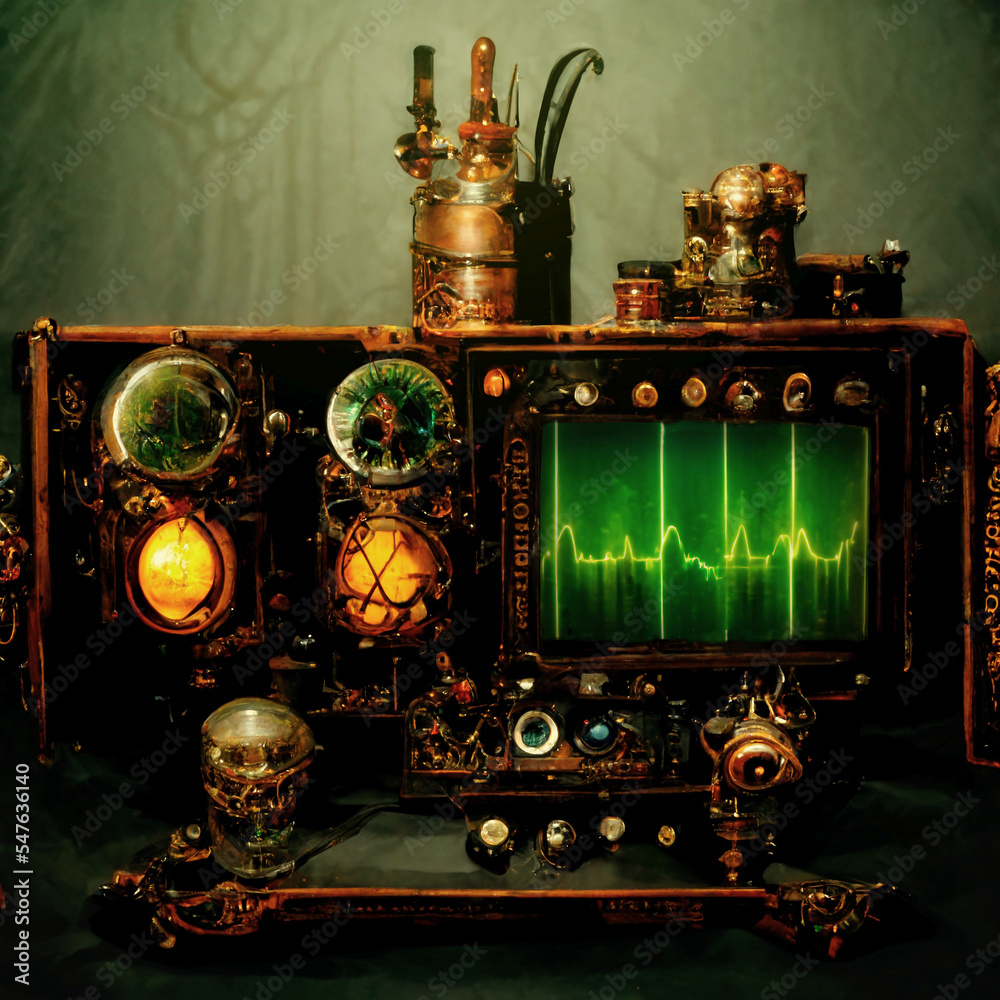 Retro-futuristic laboratory: steampunk oscilloscope with green tube monitor made with generative ...