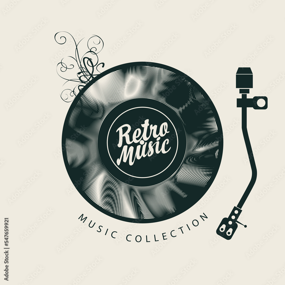 Vector music poster with old vinyl record, record player and ...