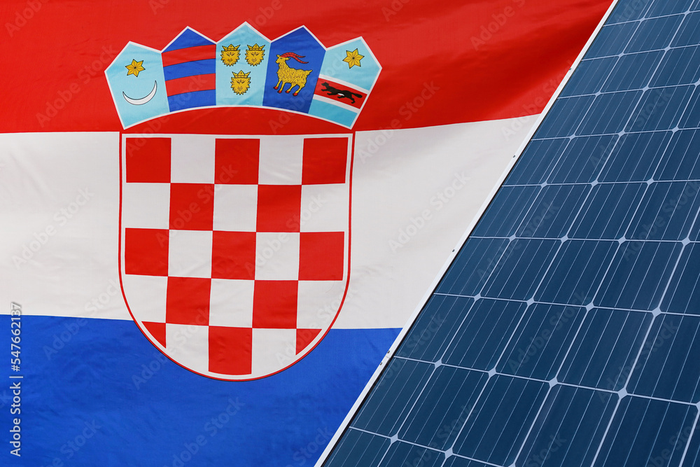 Solar panels against flag of Croatia background. Solar battery ...