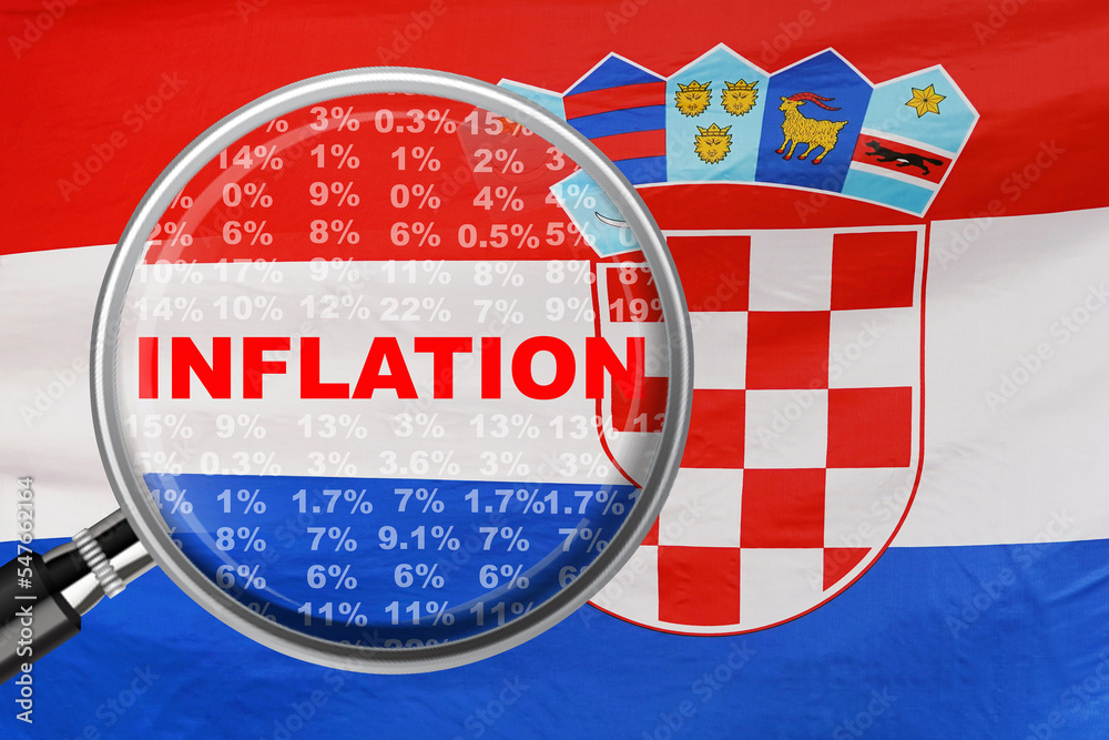 Magnifying glass focused on the word inflation on flag of Croatia ...