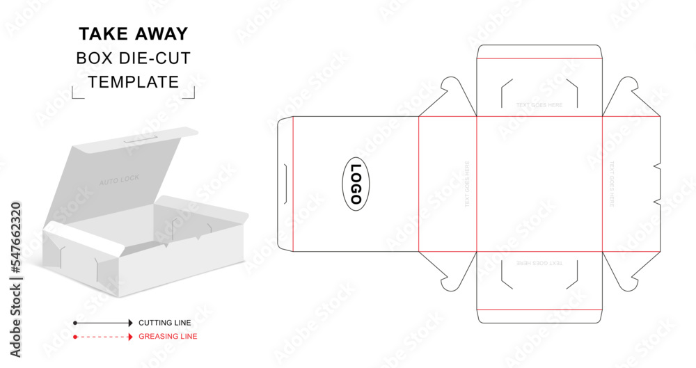 Takeaway meal box die cut template with 3D blank vector mockup for food ...
