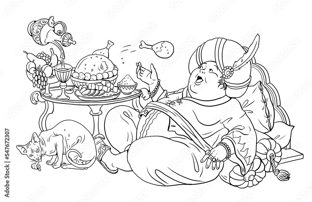 Fat funny magician from oriental fairy tale. Coloring page with the ...