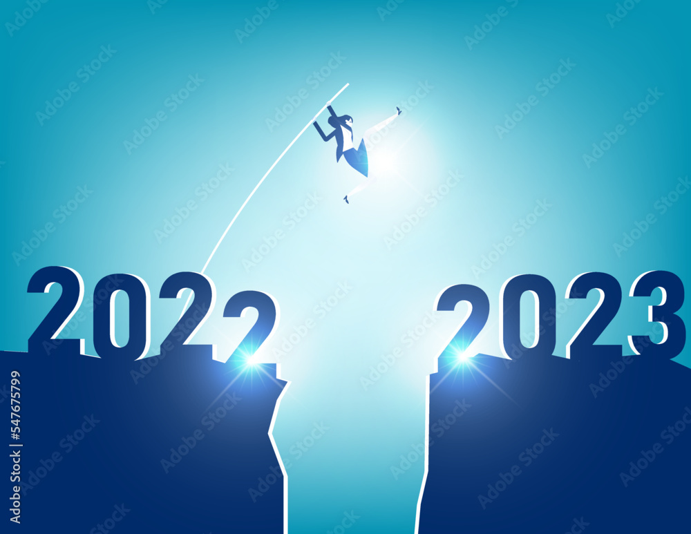 Year 2023 overcome business difficulty. Pole vault jump across gap from ...