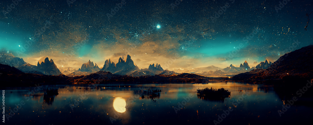 Spectacular nature background of beautiful mountain and lake in starry ...