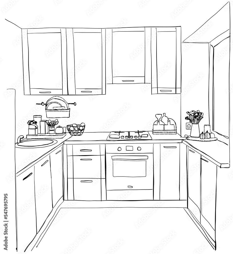 Kitchen interior drawing, vector illustration Stock Illustration ...