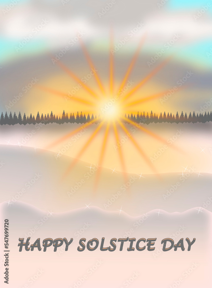 Winter landscape and bright sun on the horizon. At the bottom is an ...