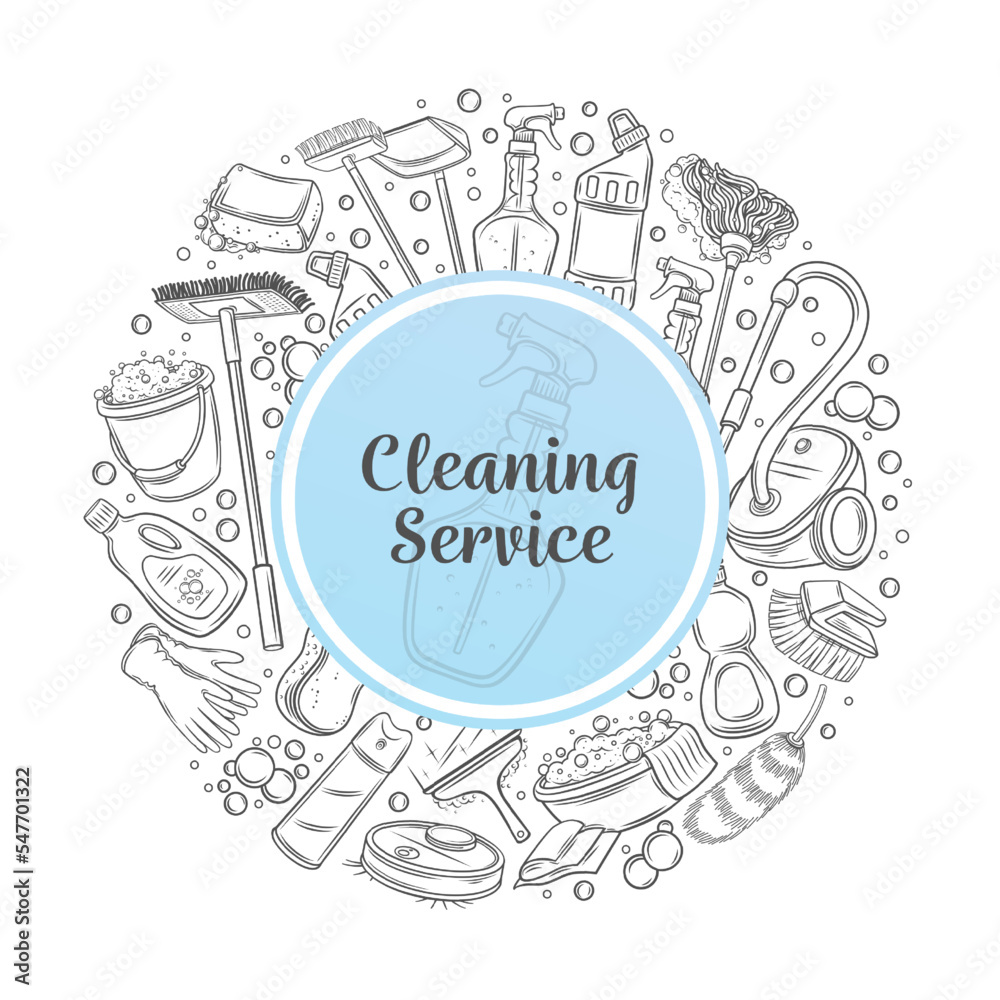 Cleaning service, round design template with line icons vector ...