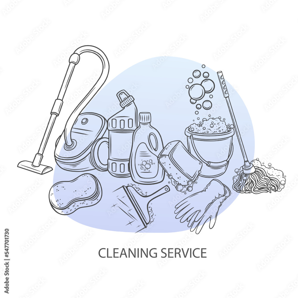 Cleaning service, line design template vector illustration. Hand drawn ...