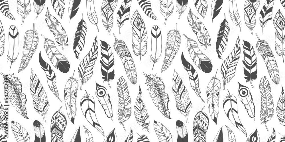 Boho feathers seamless pattern vector illustration. Hand drawn outline ...