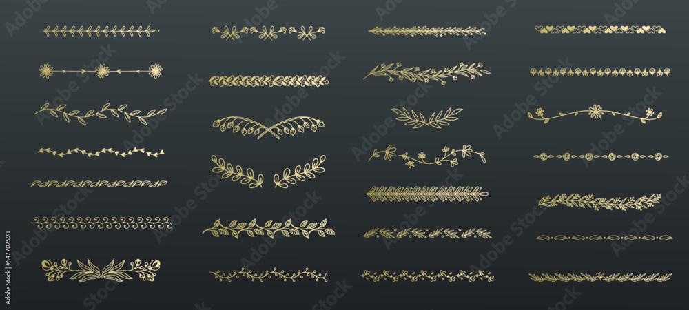 Floral dividers line icons set vector illustration. Hand drawn outline ornate gold borders ...