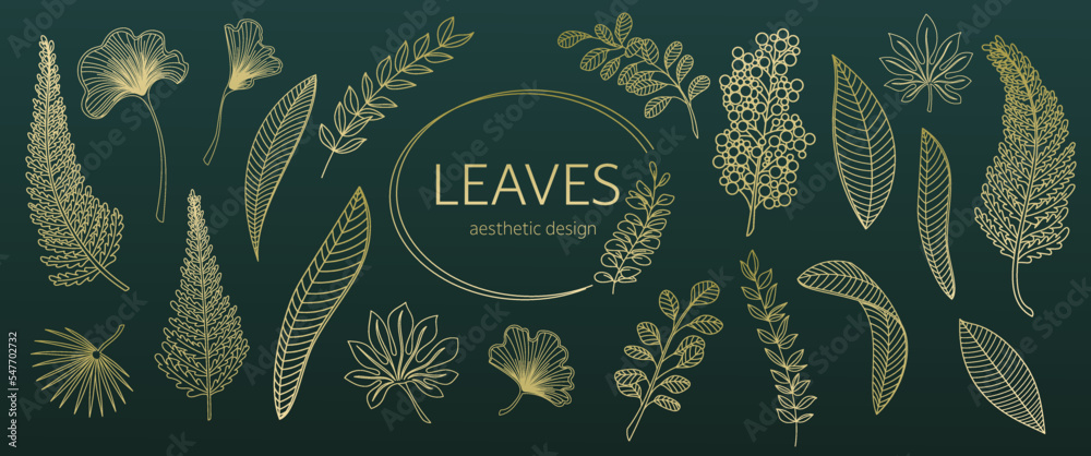 Golden tropical leaves and flowers line icons set vector illustration ...
