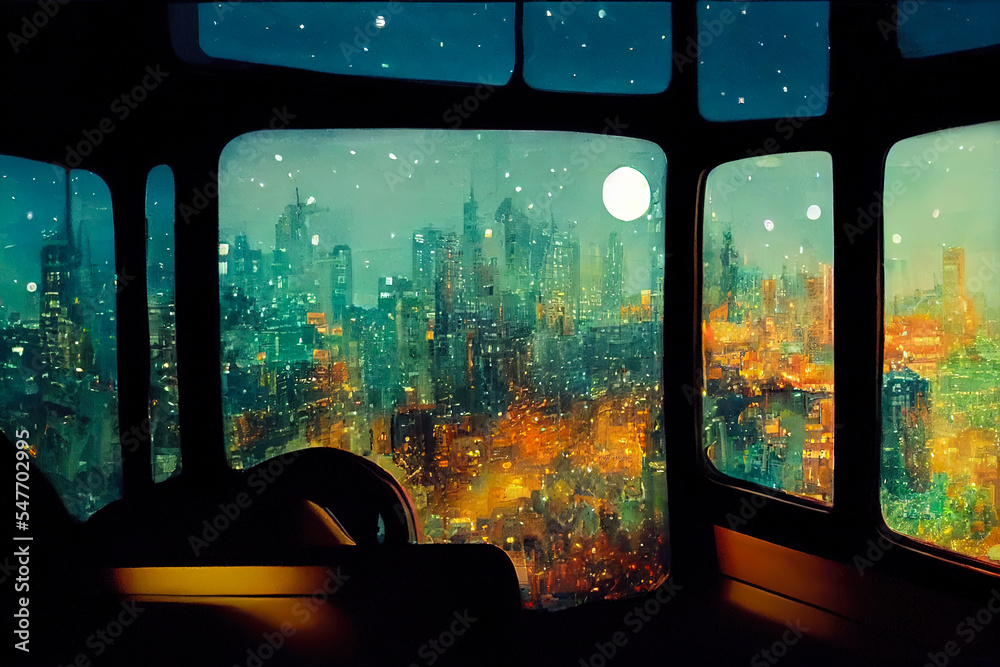 Watercolour illustration of interior of a bus with a window view ...