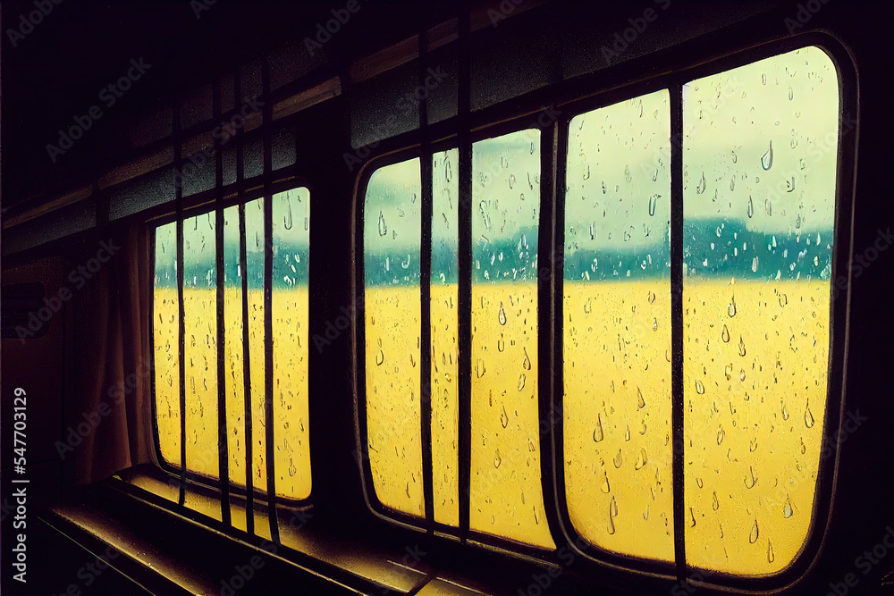 Digital illustration of interior of a bus with a window view out to ...