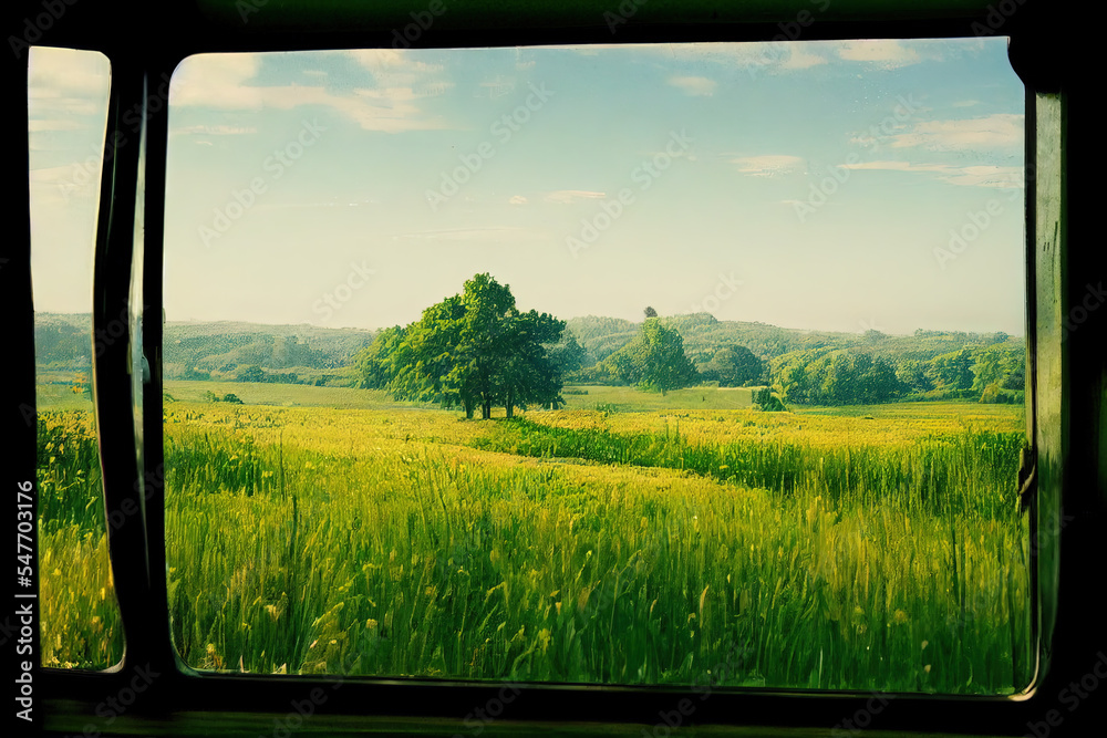 Looking out of the bus window at green fields and rural landscape ...