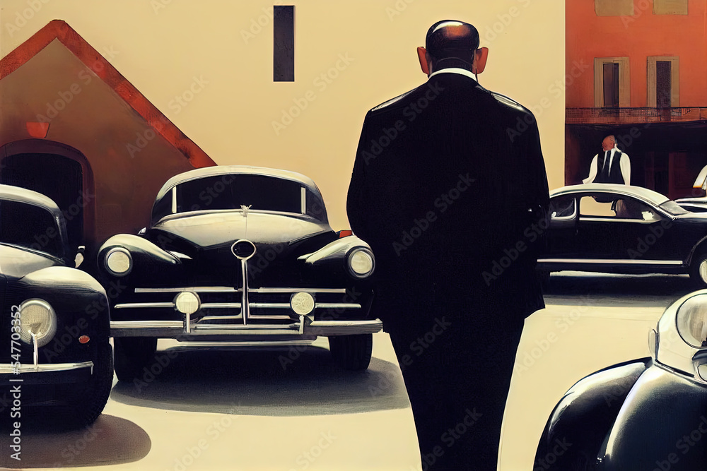 Digital art deco illustration of an Italian Mafia boss walking towards ...
