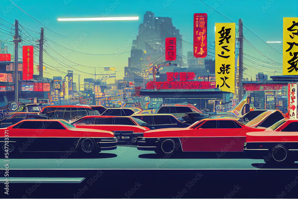 A busy Tokyo street in Japan. Cars speeding past in a traffic filled ...