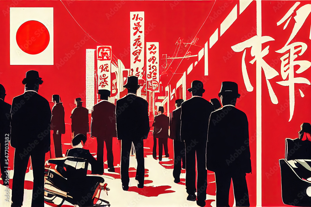 Ilustração do Stock: Organised Asian criminials wearing all black suits ...