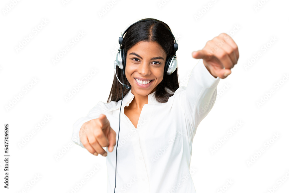 Telemarketer African American woman working with a headset over ...