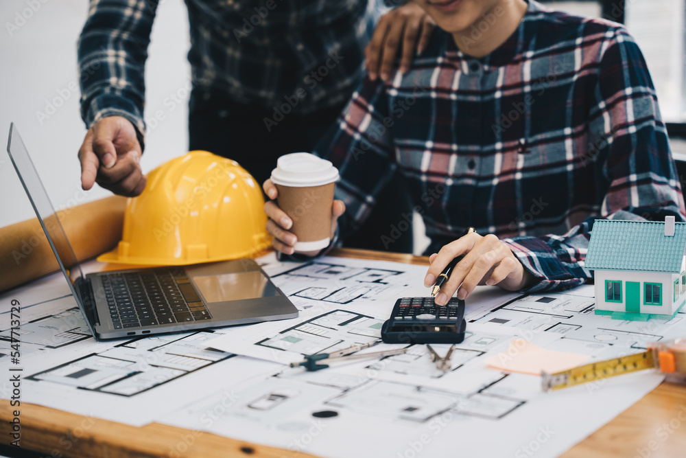 Architecture Engineer Teamwork Meeting, Drawing and working for ...