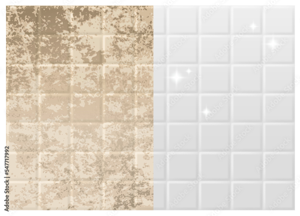 Tiled walls are dirty and clean. It is a comparison picture before and ...