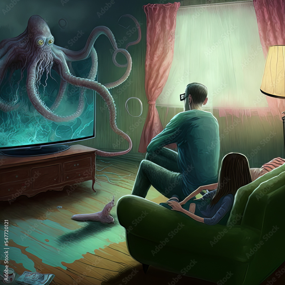 Horror alien octopus with huge tentacles appears in a living room where ...
