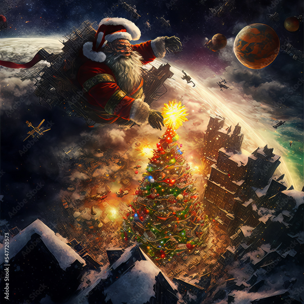 Surrealist painting of santa claus flying above earth ejected after an ...
