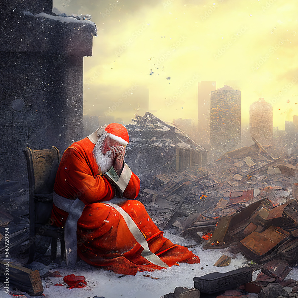 Drawing of santa claus upset and disappointed in bombarded ukraine city ...