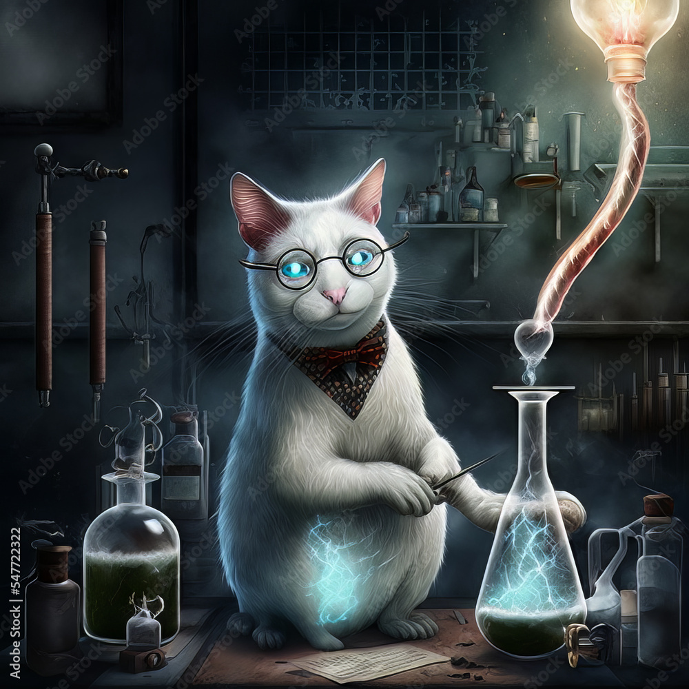 Mad scientist cat in his lab with glasses cartoon, doing experiments ...