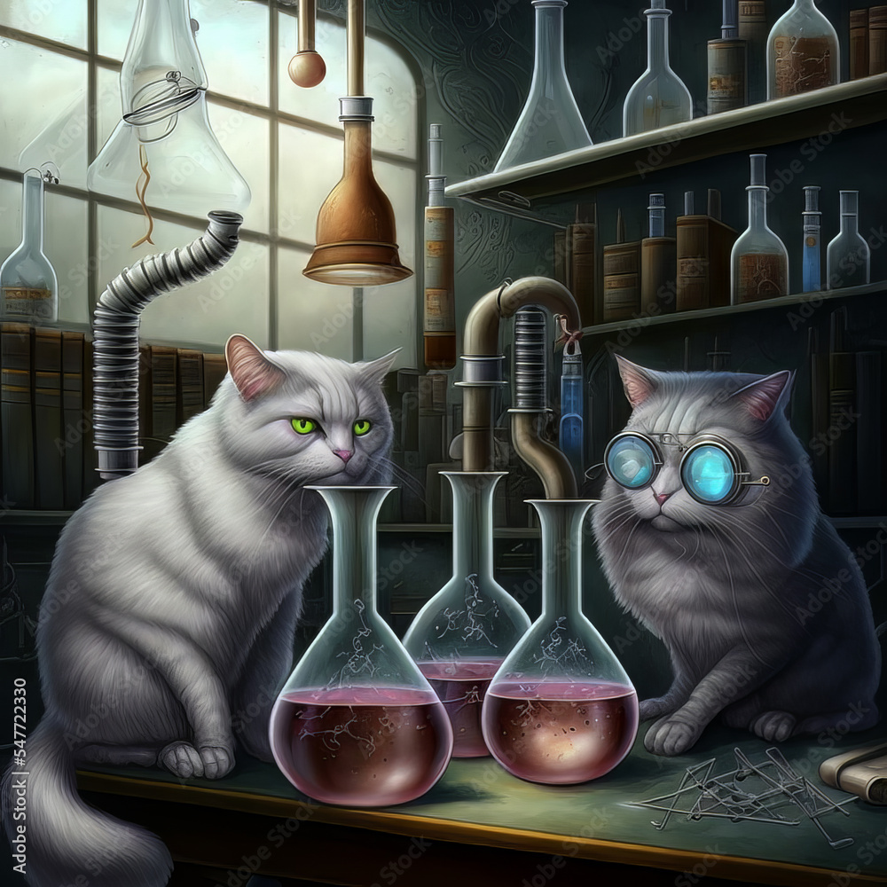 Mad scientist cats in his lab with glasses cartoon, doing experiments ...