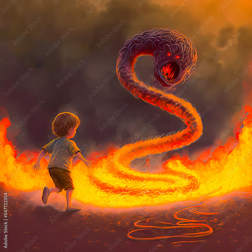 AI cartoon of a young brave child playing with a huge fire creature ...