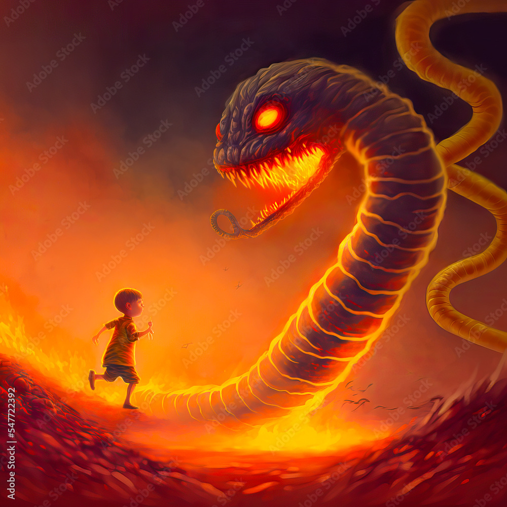 AI cartoon of a young brave child playing with a huge fire creature ...