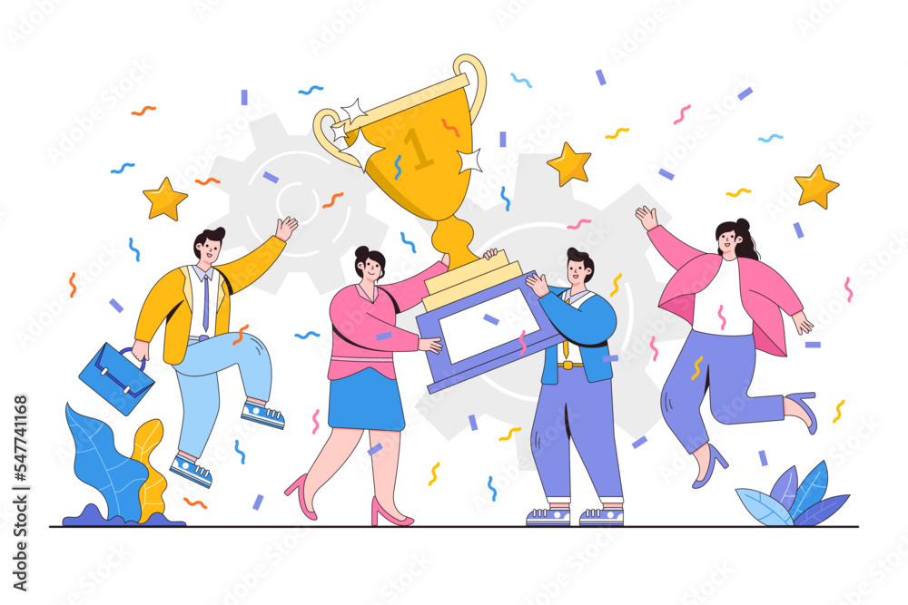 Successful business team concept. Happy business people holding prize ...