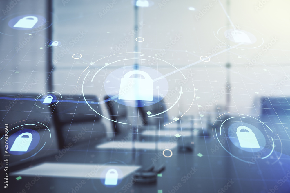 Virtual creative lock symbol and microcircuit illustration on a modern ...