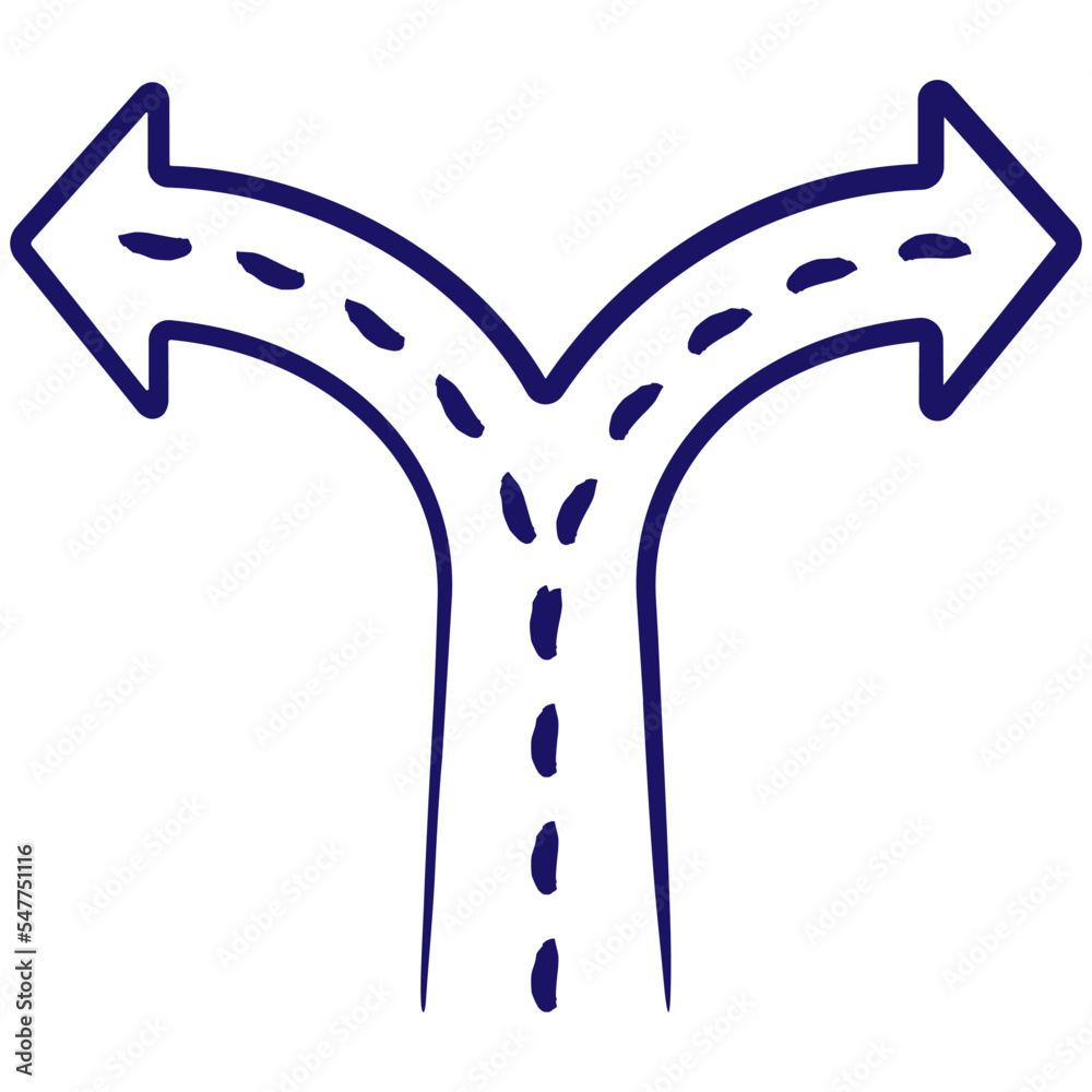 Fork of two roads with markings and arrows. Simple outline vector blue ...