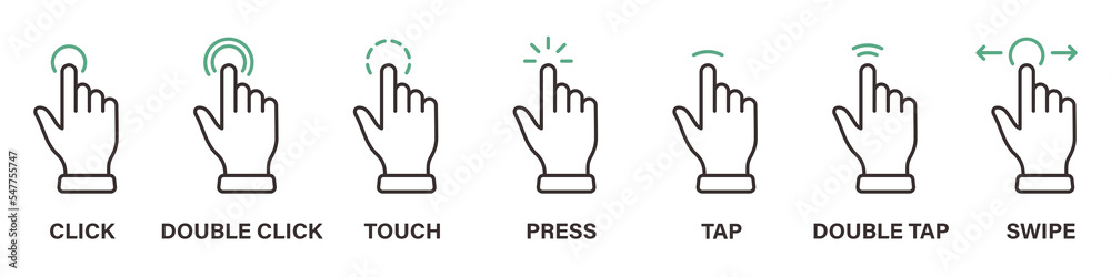 Hand Finger Touch, Swipe, Click, Press and Tap Line Icon Set. Gesture ... Hand Finger Touch, Swipe, Click, Press and Tap Line Icon Set. Gesture ...