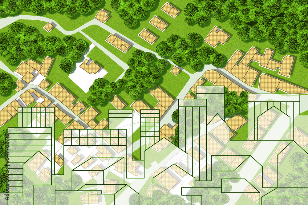 Real Estate concept with an imaginary cadastral map of territory with ...
