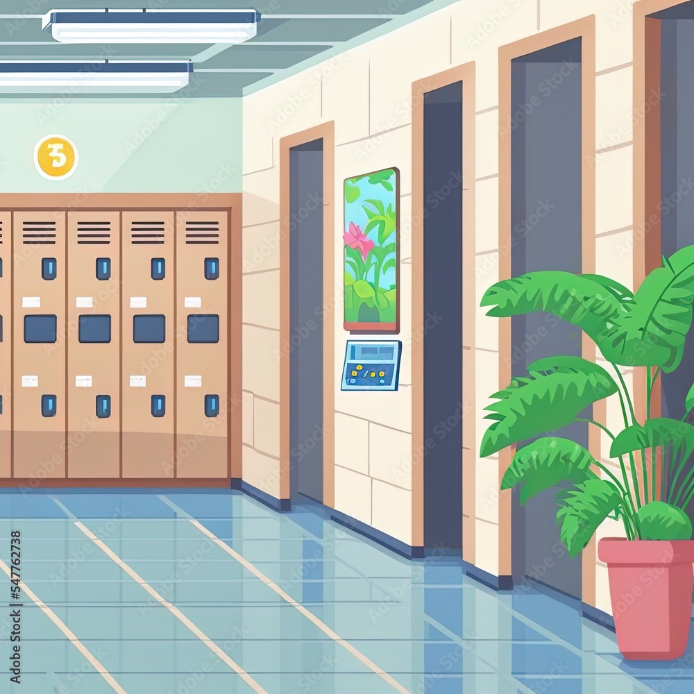 School hallway, corridor interior with lockers, vending machine and ...