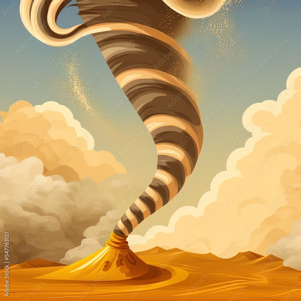Tornado, wind storm with air funnel in desert. 2d illustrated cartoon ...