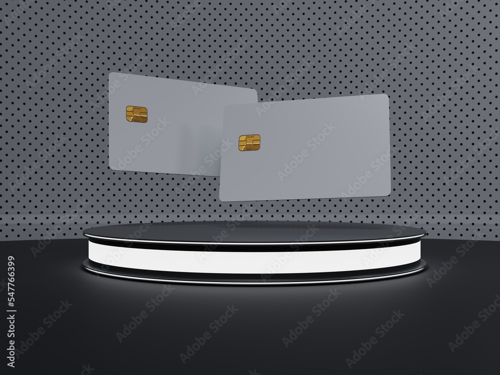 Futuristic illuminated exhibition light with levitating bank cards ...