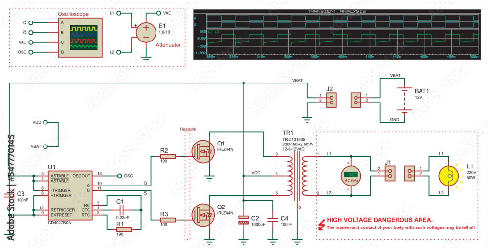 Vector drawing of an electrical circuit with an oscilloscope, voltmeter ...