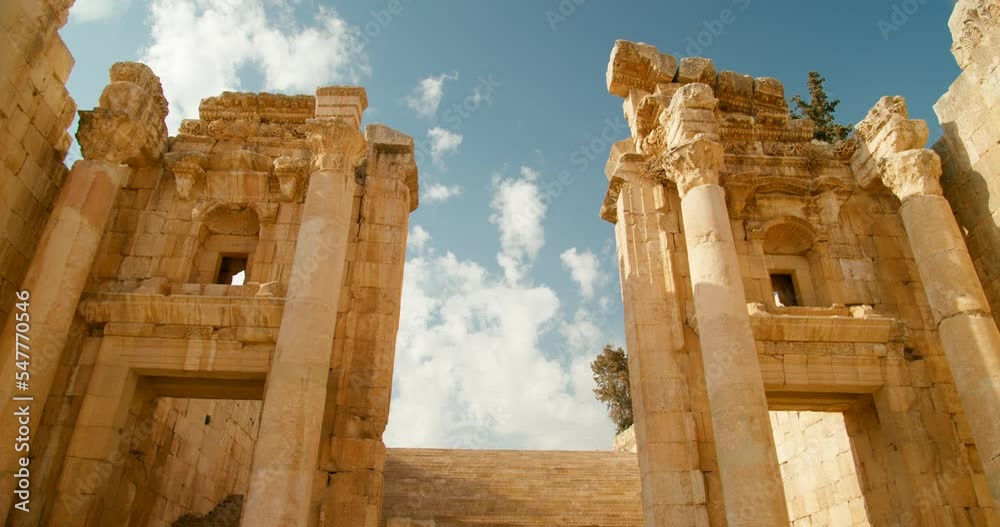 Ancient view of ruins of Artemis Temple Esplanade in sunlight in Jerash ...