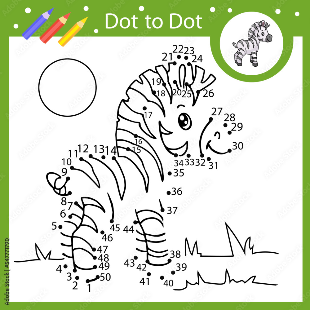 Dot to dot game connect picture of a zebra. Kids education riddle ...