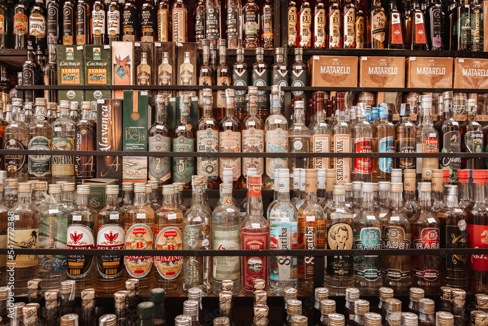 Cachaça for sale at the liquor store. Cachaca is a brazilian distilled ...