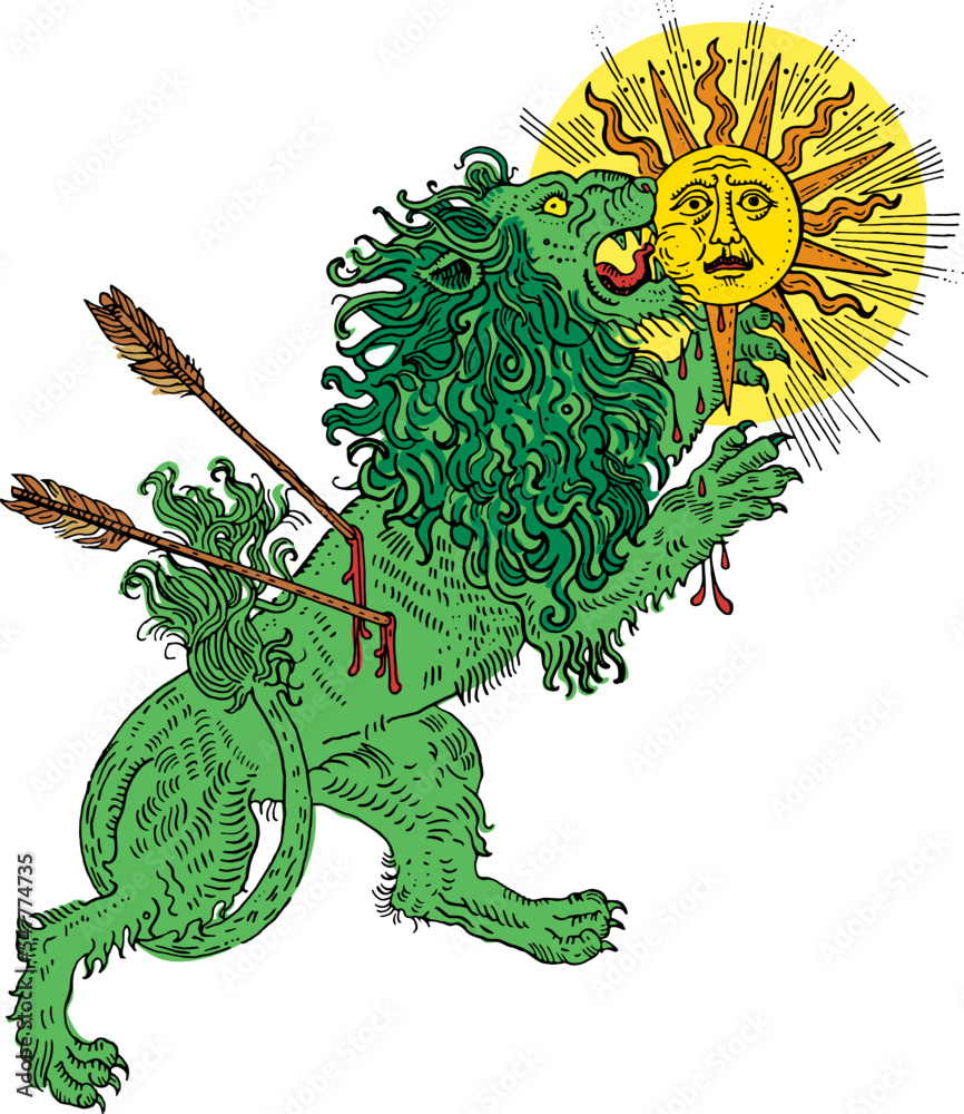 Alchemical symbol green lion devouring the sun. Mercury consuming gold ...