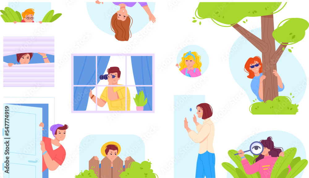 Hiding spy people. Spying neighbors observation staring sneak man ...