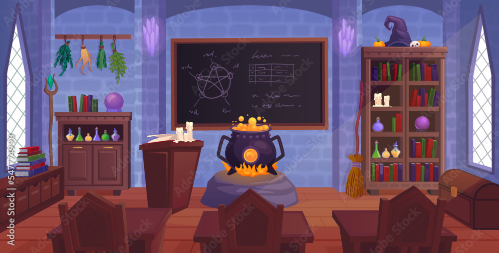 Magic room interior. Mystery library wizards school, sorceress house ...