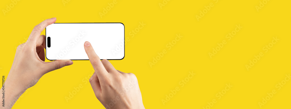 Smart phone mock up screen frame in hand on yellow ad banner, promo ...