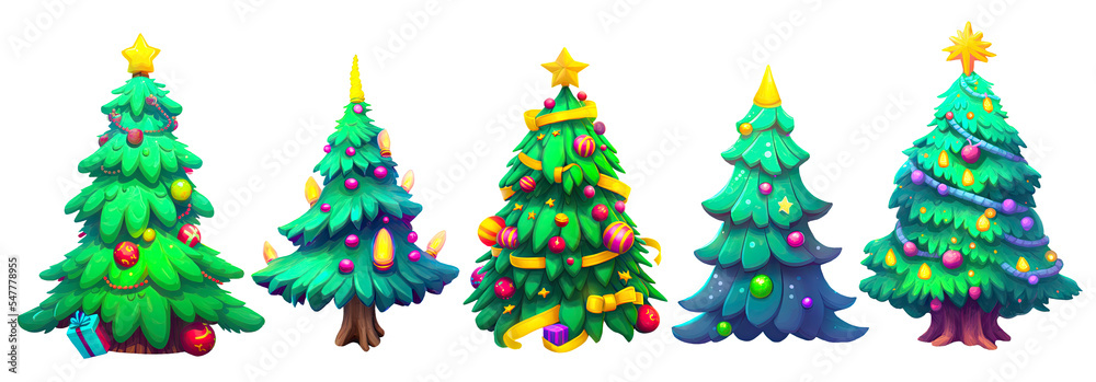 Cute cartoon christmas trees in a row decorated with corolful balls ...